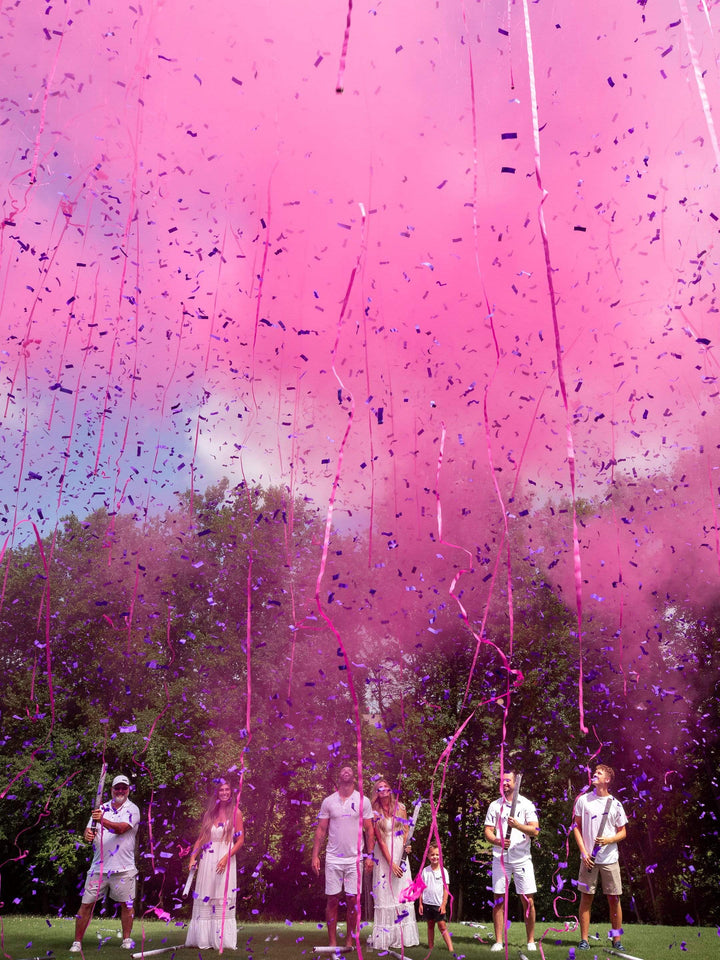 Confetti + Powder + Streamers Gender Reveal Cannons – POOF THERE IT IS!